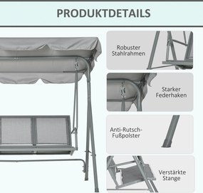 Outsunny Hollywood swing 3místná zahradní houpačka se stříškou, kovová šedostříbrná, 170x110x153 cm, ideální lehátko na zahradu a terasu | Aosom.de