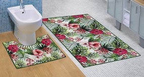 Bellatex koupelnová souprava 3D FOTOTISK IBIŠEK, zelené listy monstera a červené květy, 100x60cm (předložka) + 60x50cm (na WC)