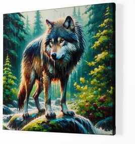 Obraz na plátně - Vlk v deštivém lese FeelHappy.cz Velikost obrazu: 140 x 140 cm
