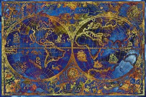DIMEX | Samolepicí vliesová fototapeta na zeď Modrá mapa světa MA-5-1502 | 375 x 250 cm | modrá, zlata, žlutá