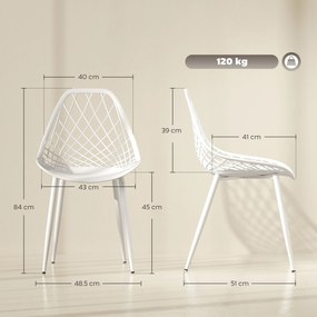 HOMCOM Sada 4 jídelních židlí s moderním designem, kuchyňské židle s zakřiveným perforovaným opěradlem a kovovými nohami, plastové židle do kuchyně, …