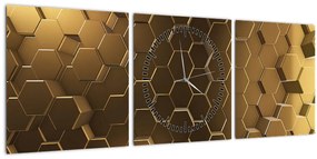 Obraz - Zlaté hexagony (s hodinami) (90x30 cm)