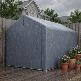 Outsunny 1,62 × 2,22 m voděodolný zahradní úložný stan s rolovacími zipovými dveřmi, sedlová střecha, ocelový rám, UV-odolný — tmavě šedý
