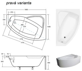 Besco Rima 170x110 akrylátová vana Délka vany: 170cm, Orientace: Pravá