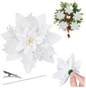 Flamenco Mystique Květina na stromeček s klipem vánoce xxl 14 cm bílý třpyt woz04b