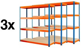 Fistar AKCE - Balíček : 3x Regál 1800x1800x400 mm PROFESIONÁLNÍ lakovaný 4-policový, nosnost 1600 kg - MODRO-ORANŽOVÝ