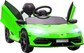 HOMCOM Dětské elektrické auto, Lamborghini Aventador SVJ, 12V s křídly, LED dálkovým ovládáním, hudbou, USB, rychlostí 3-5 km/h, zelené | Aosom