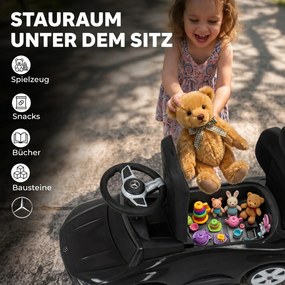 AIYAPLAY 3-v-1 jezdící auto s tlačnou tyčí Mercedes-Benz jezdící vozidlo s volantu, klaksonem, hudbou, střechou, úložným prostorem pod sedadlem, černé