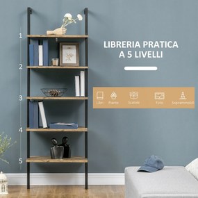 HOMCOM Knihovna ve stylu průmyslového ležení s 5 policemi, nástěnná knihovna ze dřeva a kovu, 60x30x184,5cm, hnědá