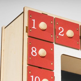 HOMCOM LED adventní kalendář s vesnickou scénou, 24 velkých zásuvek, MDF, 34 x 7 x 34 cm, červená