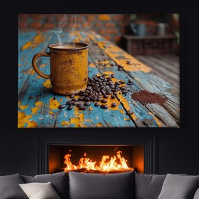 Obraz na plátně - Káva, žlutý hrnek FeelHappy.cz Velikost obrazu: 180 x 120 cm