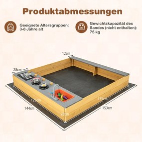 Costway Dřevěné pískoviště s kuchyňskými doplňky a vestavěnou lavicí