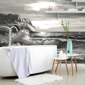 Samolepící tapeta ráno na moři v černobílém provedení - 300x200 cm