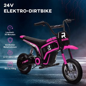 Elektrická motorka pro děti, 24V dětská motorka s klaksonem, světlem, s otočnou rukojetí plynu, 8-16 km/h, 8-12 let, růžová