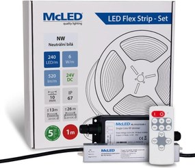 McLED LED pásek - sada 1 m + Přijímač Nano IP67, 240 LED/m, NW, 6 W/m, DC 24V, 520 lm/m, CRI90, IP67, 10 mm, vodič 3 m ML-126.033.90.S01002