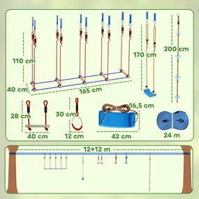 Ninja Line dětská 24m slackline sada s gymnastickými kruhy 7 překážek šplhací tyč balanční most pro 3-6 let červená+modrá