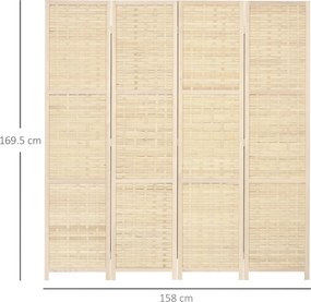 HOMCOM Vnitřní 4-panelový dřevěný a bambusový paravan, skládací úspora místa, výška 170 cm, přirozený