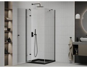 Mexen Roma, sprchový kout s 1-křídlými dveřmi 80 (dveře) x 80 (stěna) cm, 6mm čiré sklo, černý profil, slim sprchová vanička 5cm černá s černým sifonem, 854-080-080-70-00-4070B