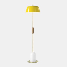 Il Fanale N9H3FO Bon Ton, stojací lampa z mosazi, dřeva, bílá základna, žluté stínítko, 3x10W E14, výška 155,7cm