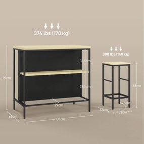 HOMCOM Barový set 3-dílný kuchyňský stůl se 2 barovými židlemi a 2 policemi, moderní jídelní set z oceli a dubu | Aosom.de