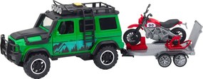 LEAN Toys Sada terénního auta s odtahovým vozem a motorkou, světla a zvuky, zelená