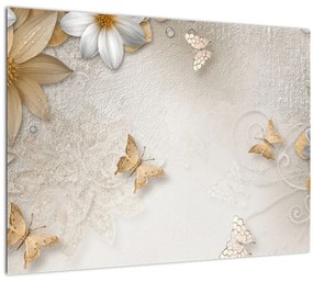 Skleněný obraz - Květy s motýlky (70x50 cm)