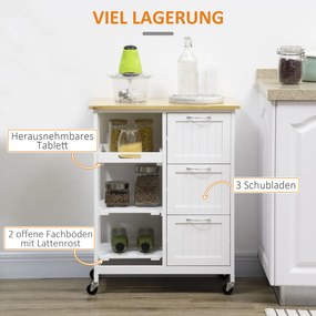 HOMCOM Kuchyňský vozík, servírovací vozík se 3 zásuvkami, 3 úrovně, pracovní deska, kuchyňský vozík, úložný vozík, bílý, 67 x 37 x 85 cm| Aosom