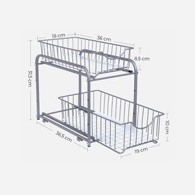 VASHOME kuchyňský organizér, dvoustupňový stohovatelný organizér pod dřez, stříbrný, 36x21x25-31cm