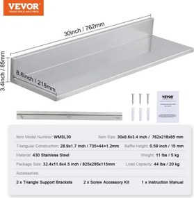 21,8 × 76,2 cm police z nerezové oceli, nástěnná plovoucí police s backsplash