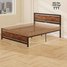 HOMCOM rám manželské postele 200 x 160 cm z oceli s roštem a čelem postele, kompatibilní s matrací tmavý dřevěný vzhled