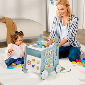 Costway Dřevěné chodítko 6 v 1 s kuchyňkou a hodinami na učení a – modrý
