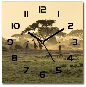 Wallmuralia Skleněné hodiny čtverec Žirava na savaně 30x30 cm