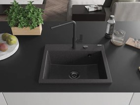 Mexen Oscar granitový dřez 1-komorový 580 x 490 mm, černý tečkovaný, černý sifon - 6519581000-76-B