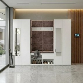 Předsíňová stěna Trinity 10 s čalouněnými panely, 280 cm, bílá / světle hnědá