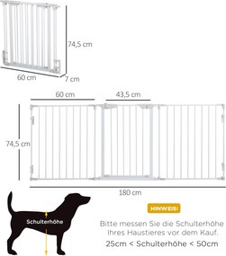 PawHut Dveřní ochranná brána pro psy 3 prvky včetně bezpečnostních dveří, montáž na zeď pro krb a troubu, bílý kov 180 x 3 x 74,5 cm