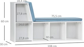 HOMCOM knihovní lavice 2 v 1 s 5 úložnými přihrádkami a 2 polštáři 108 x 30 x 60 cm bílá modrá
