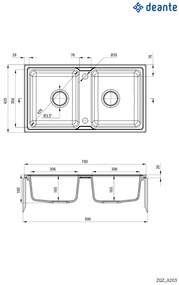 Deante Zorba, granitový dřez 780x435x180 mm B/O, 3,5" + prostorově úsporný sifon, 2-komorový, bílá, ZQZ_A203