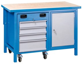 Dílenský pracovní stůl GD s pojízdným boxem na nářadí, 4 zásuvky, 1 skříňka, 1190 x 600 x 850 mm, modrá
