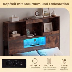 Costway Kovová postel 140 × 220 cm s LED a nabíjením, hnědá