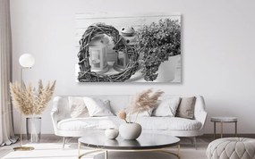 Obraz proutěné srdce s lucerničky a šeříkem v černobílém provedení - 90x60 cm