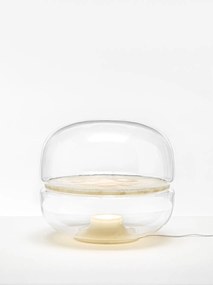 Designová stolní lampa Brokis Macaron L, PC1040 Barva skla: Amber - transparentní sklo, Základna: Dub evropský - bíle mořený (CSFB1575), Disk: BROKISGLASS - kouřově šedá mat (CSOP1577)