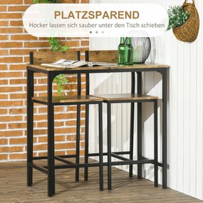 HOMCOM 3dílná barová sada, vysoký stůl, 2 židle, MDF, kovový rám, voděodolné, hnědá
