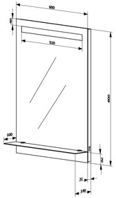 Aqualine, LED podsvícené zrcadlo 60x80cm, skleněná police, knoflíkový vypínač, ATH53