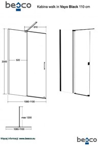 BESCO Walk-in sprchový kout VAYO BLACK BARVA rámu - Černá, Rozměr A - 110 cm, Rozměr C - 200 cm, Směr zavírání - Univerzální Levé / Pravé, Výplň - Čiré bezpečnostní sklo - 8 mm BCVAYO110BC