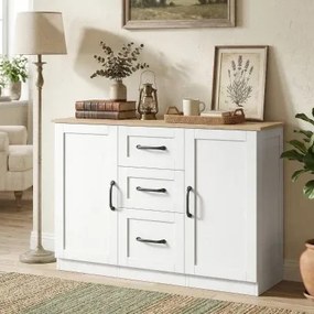 HOMCOM Komoda do obývacího pokoje, úložný nábytek se 2 dvířky s tichým dovíráním a 3 zásuvkami, 110x35x80,4 cm, bílá a přírodní dřevo