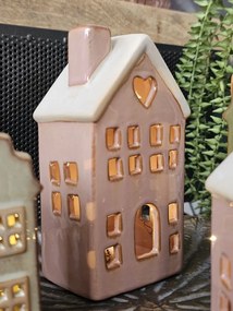 Hnědý porcelánový svítící domek - 8*6*15 cm