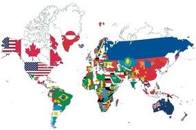 Samolepící tapeta mapa světa s vlajkami s bílým pozadím - 300x200 cm