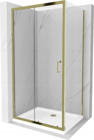 Mexen Apia sprchový kout s posuvnými dveřmi 140 (dveře) x 90 (stěna) cm, 5mm čiré sklo, zlatý profil + bílá sprchová vanička SLIM, 840-140-090-50-00-4010G
