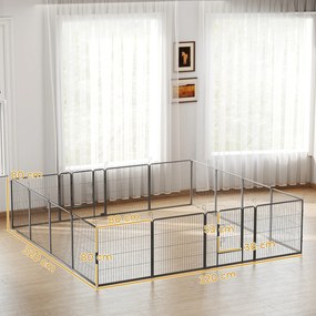 Ohrádka pro štěňata, 16dílný skládací výběh pro štěňata s dvířky pro malé a střední psy, 3,2 x 3,2 x 0,8 m, šedá barva