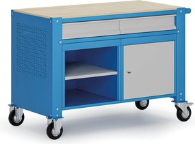 Pojízdný dílenský stůl G9, 1 police, 1 skříňka, 2 zásuvky, 1180 x 595 x 865-1130 mm, šedá/modrá